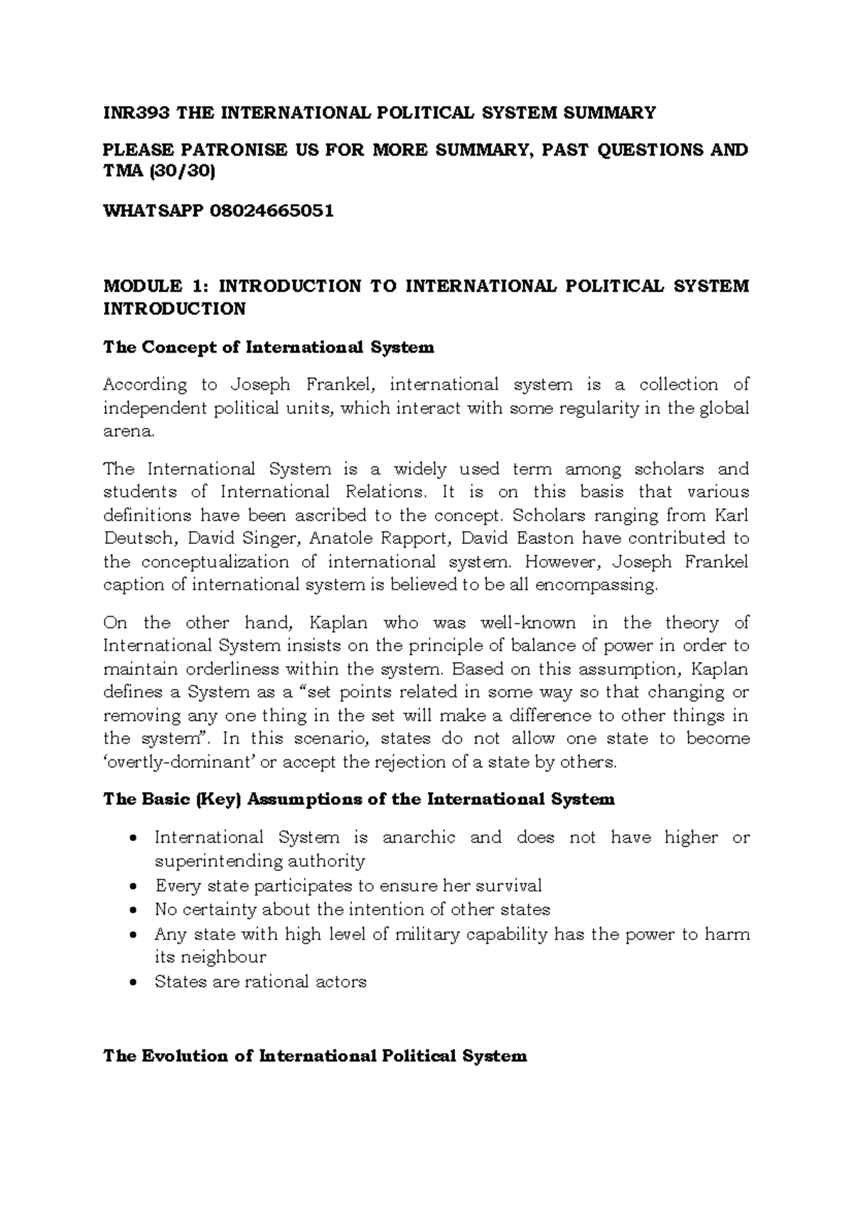 INR393 International Political System Summary & Key Concepts - Studocu
