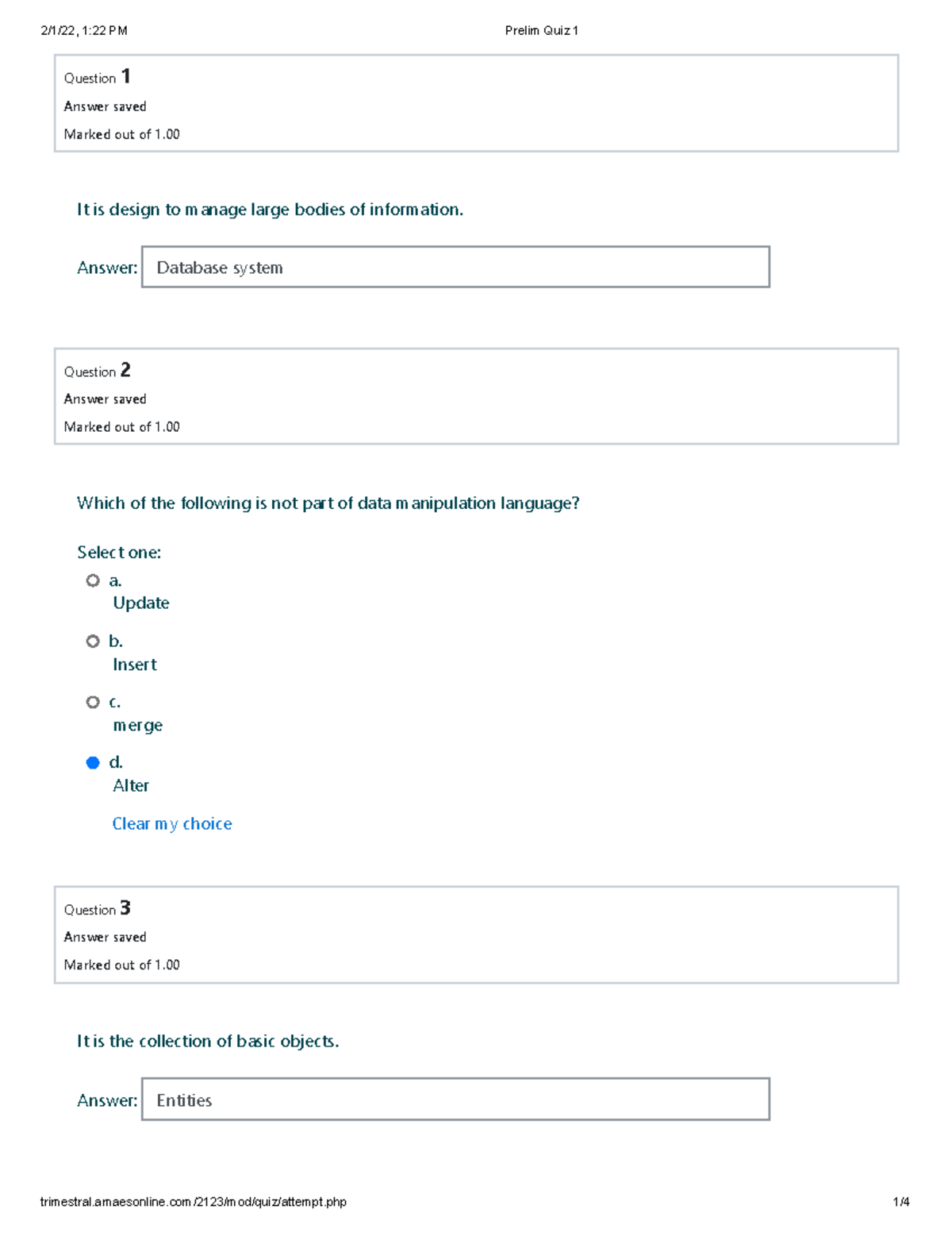 Prelim Quiz 1 - Database Management System IT 6202 - Question 1 Answer ...