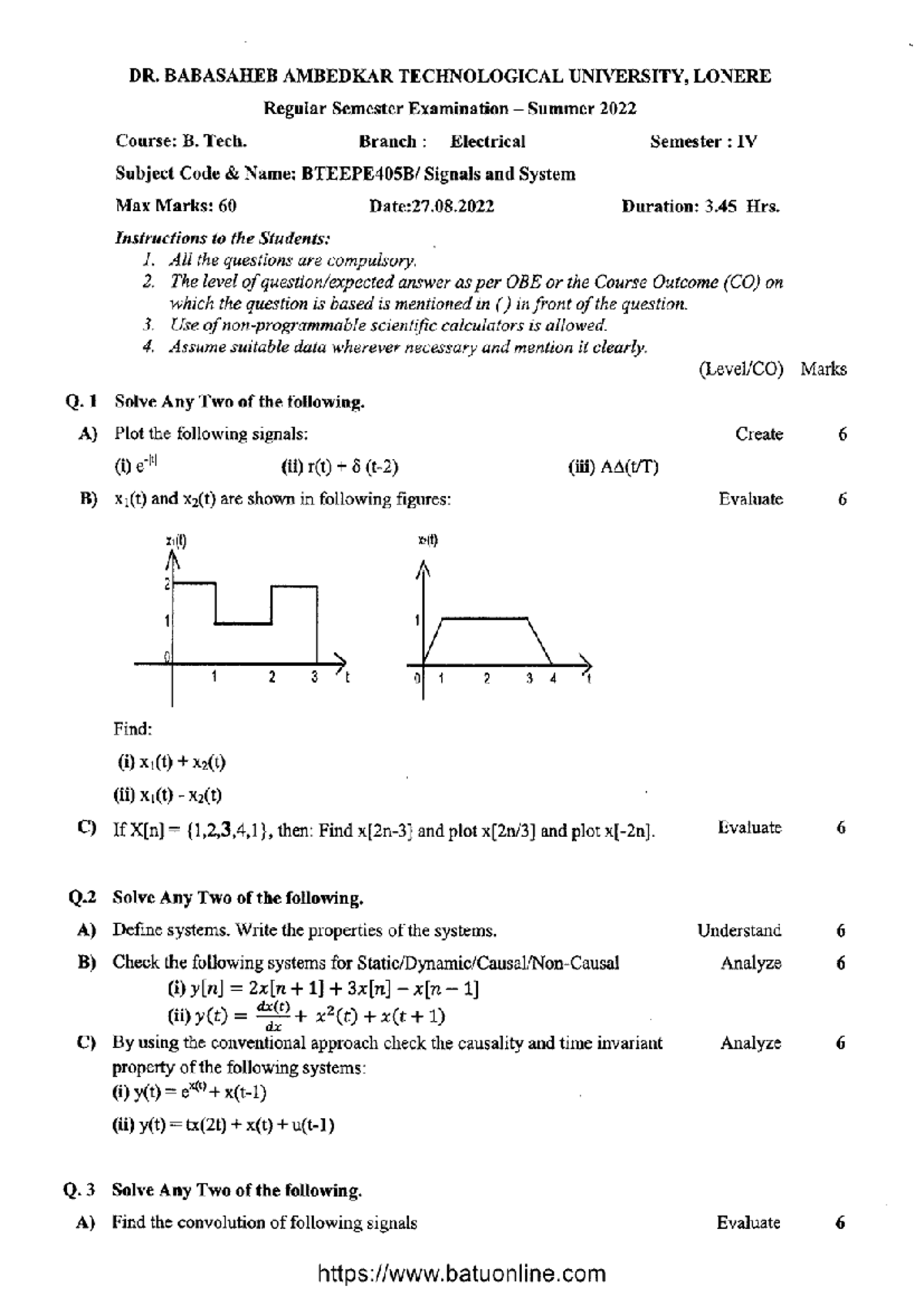 B.Tech EE 4 Sem Signals and System BT EEPE 405B Exam Aug 2022 - Studocu