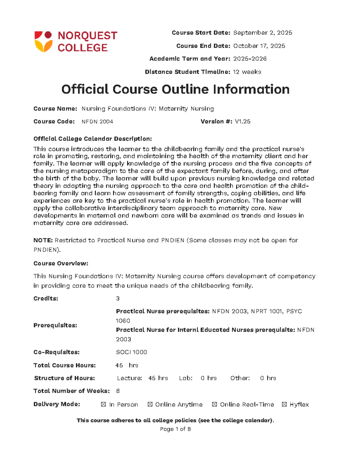 NFDN 2004 Course Outline: Nursing Foundations IV - Maternity Nursing ...