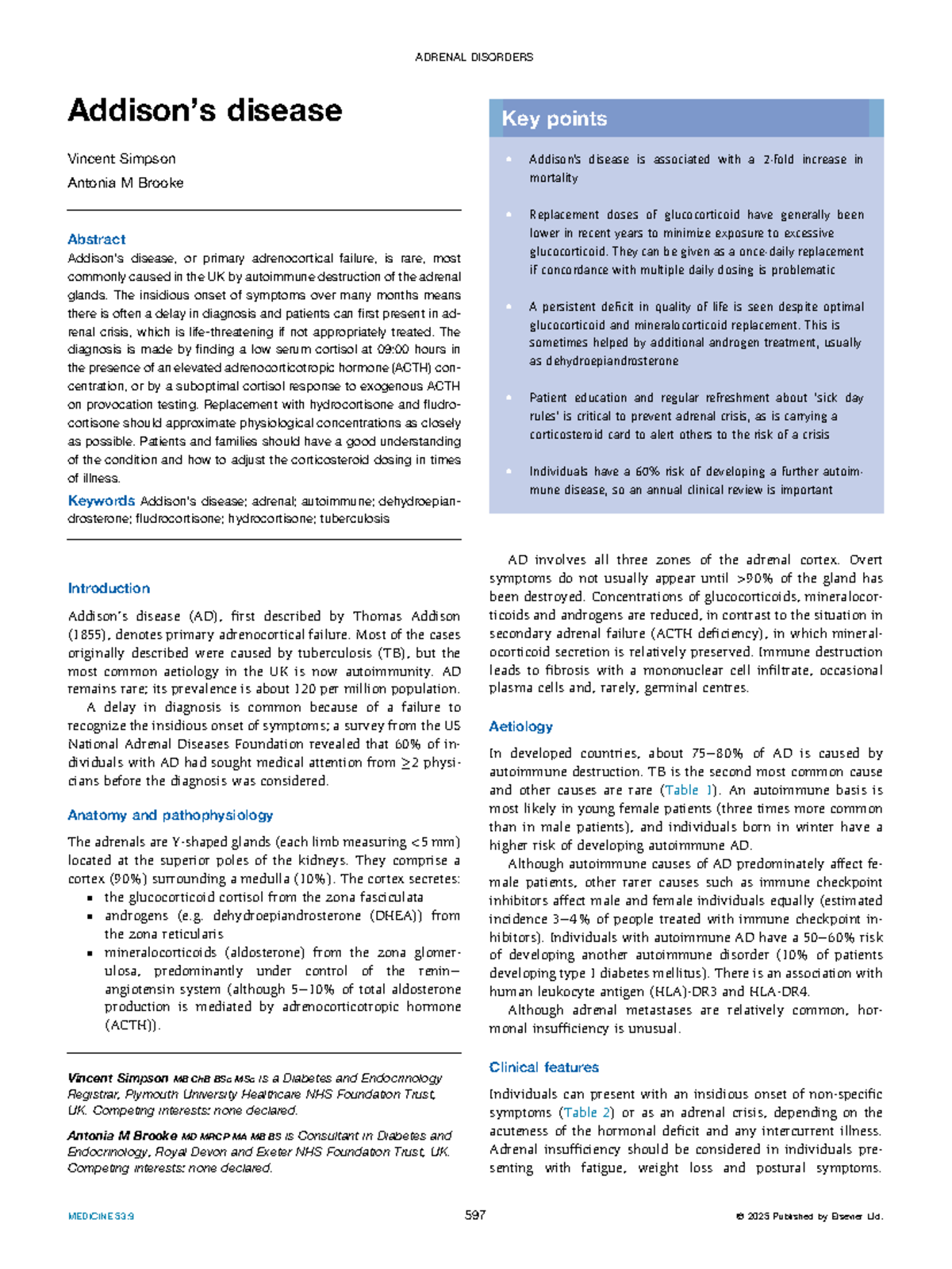 Addison's Disease Overview - Key Points and Management (MEDICINE 53:9 ...