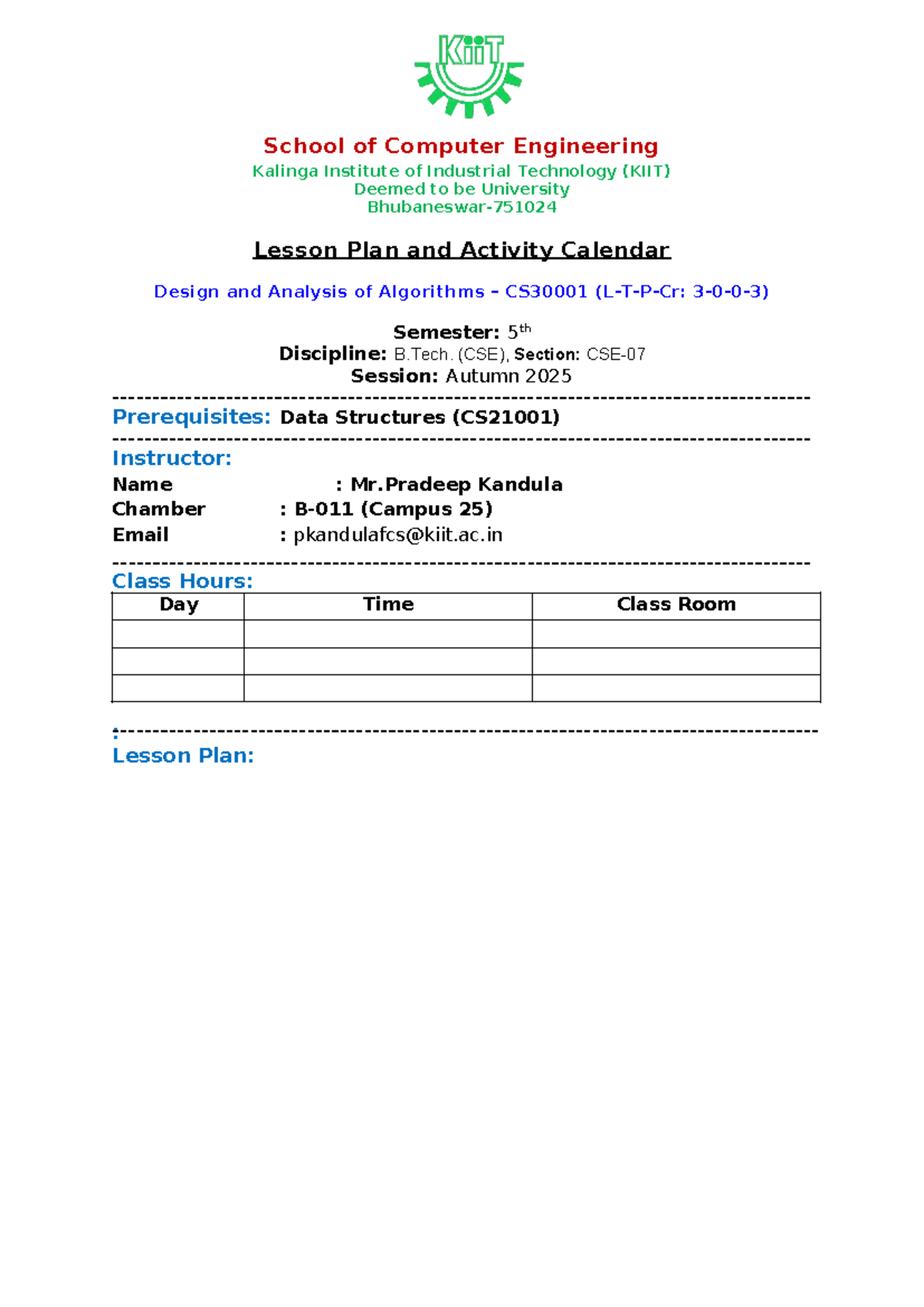 Autumn 2025 CS30001 DAA Complete Lesson Plan and Activity Calendar ...