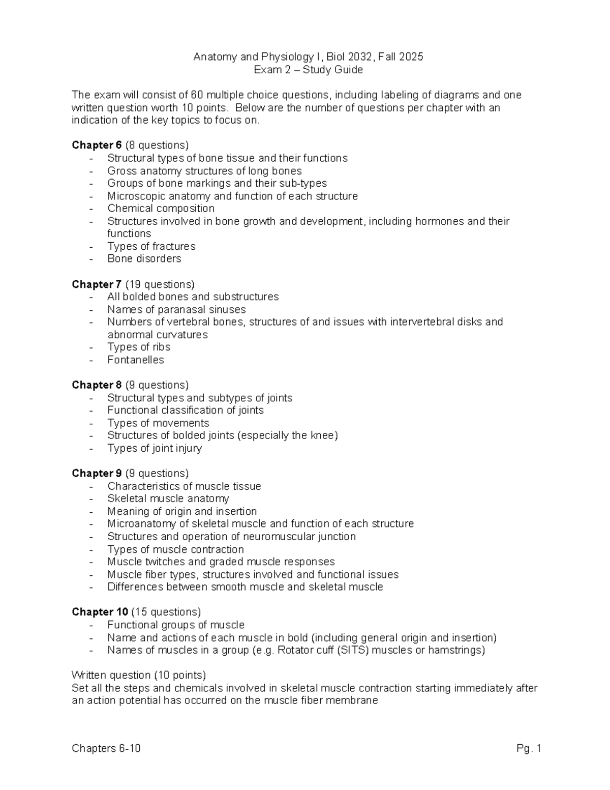 Anatomy & Physiology I (Biol 2032) Fall 2025 Exam 2 Review Guide - Studocu