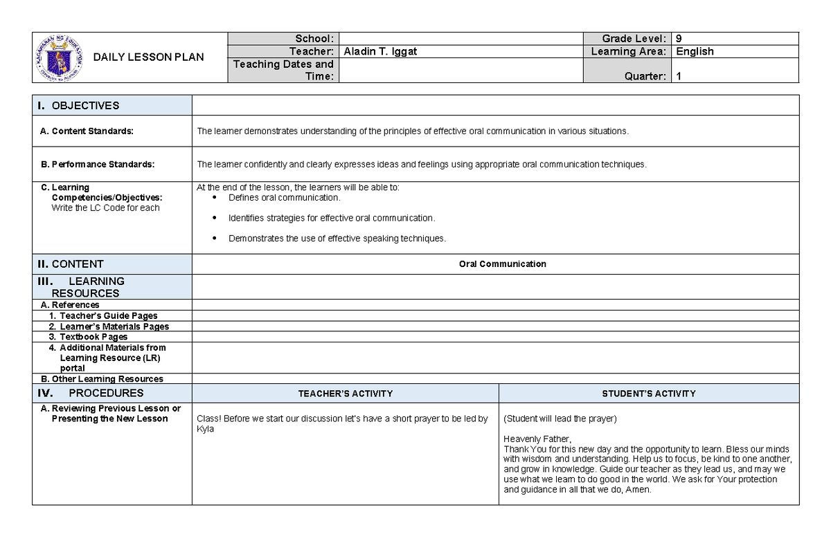 Daily Lesson Plan for Effective Oral Communication - Grade 9 - Studocu