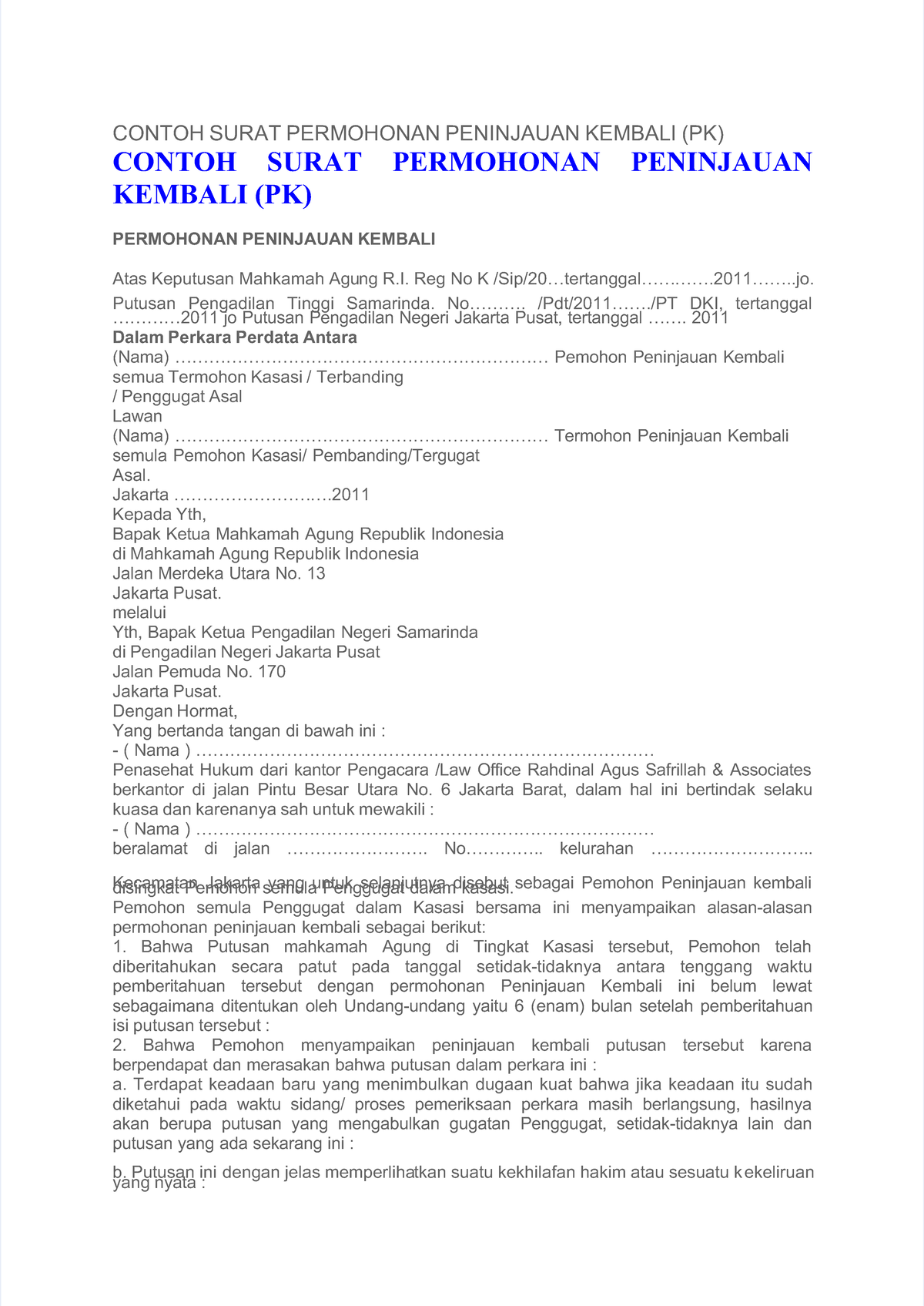 Contoh Surat Permohonan Peninjauan Kembali (PK) untuk MA RI - Studocu