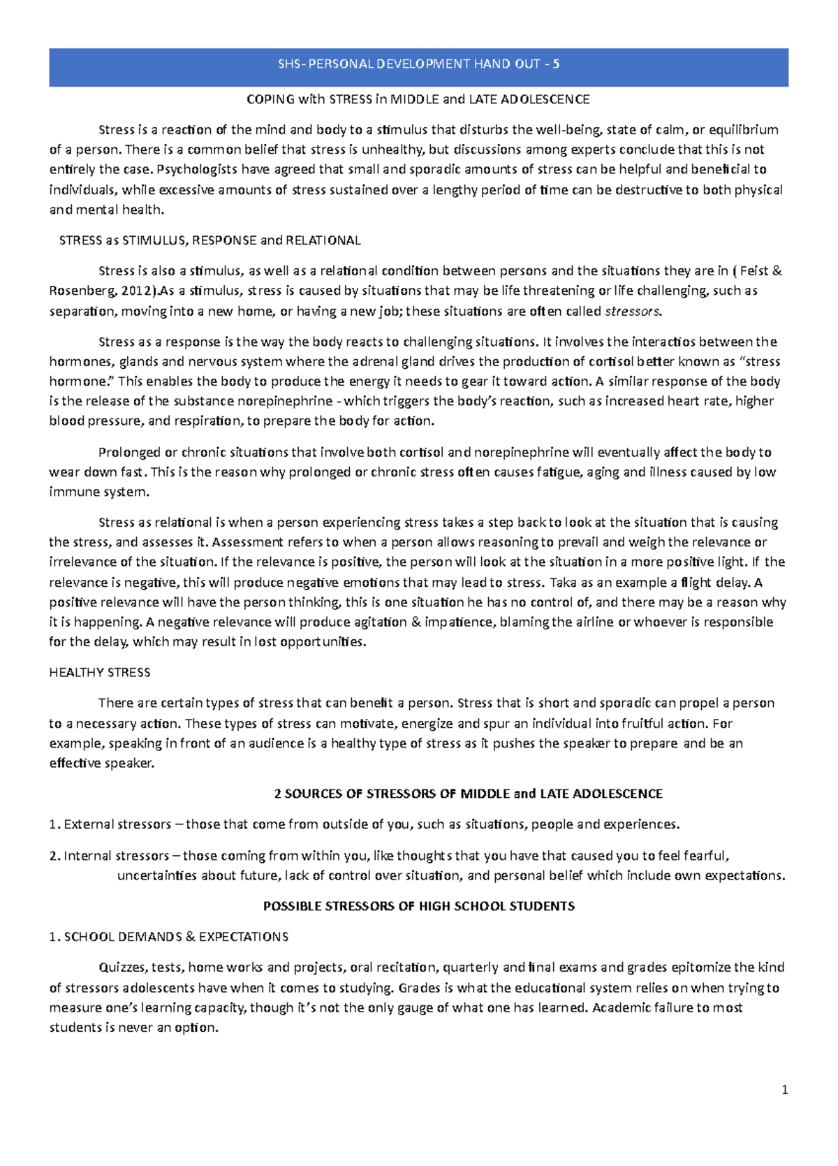 WEEK 5 Handout: Coping with Stress in Middle & Late Adolescence - Studocu
