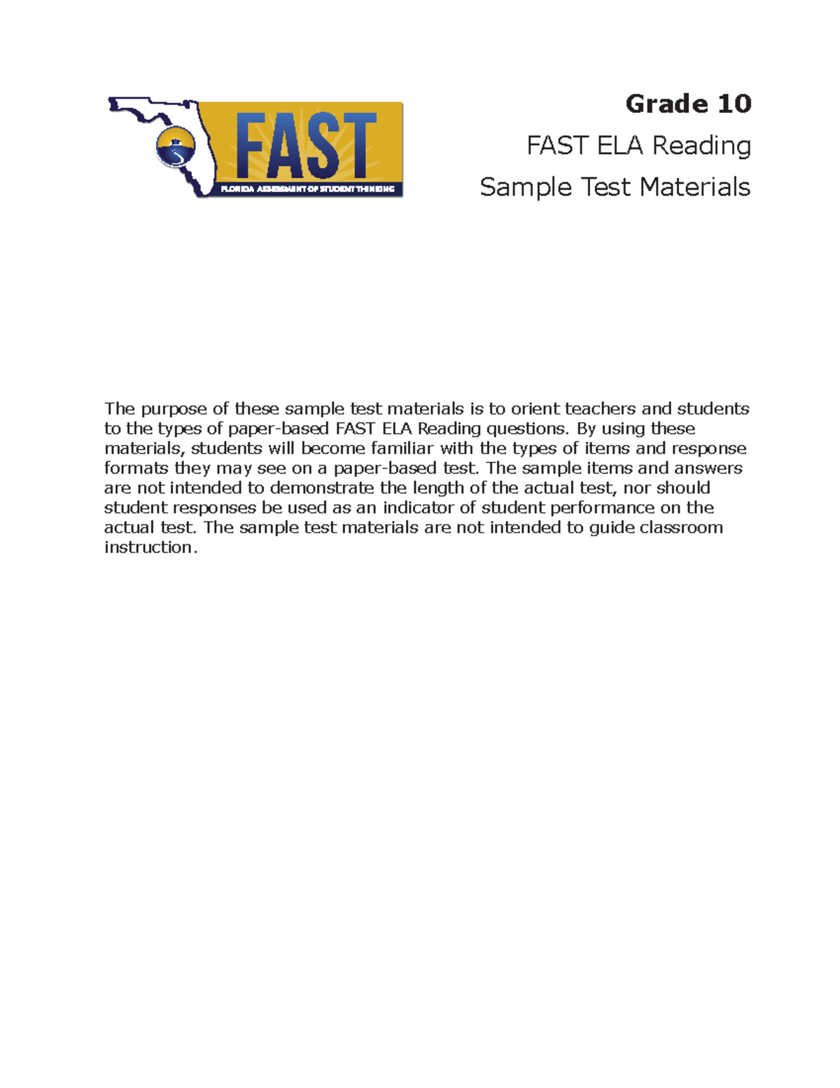 Grade 10 FAST ELA Reading Sample Test Materials 2022 - Studocu