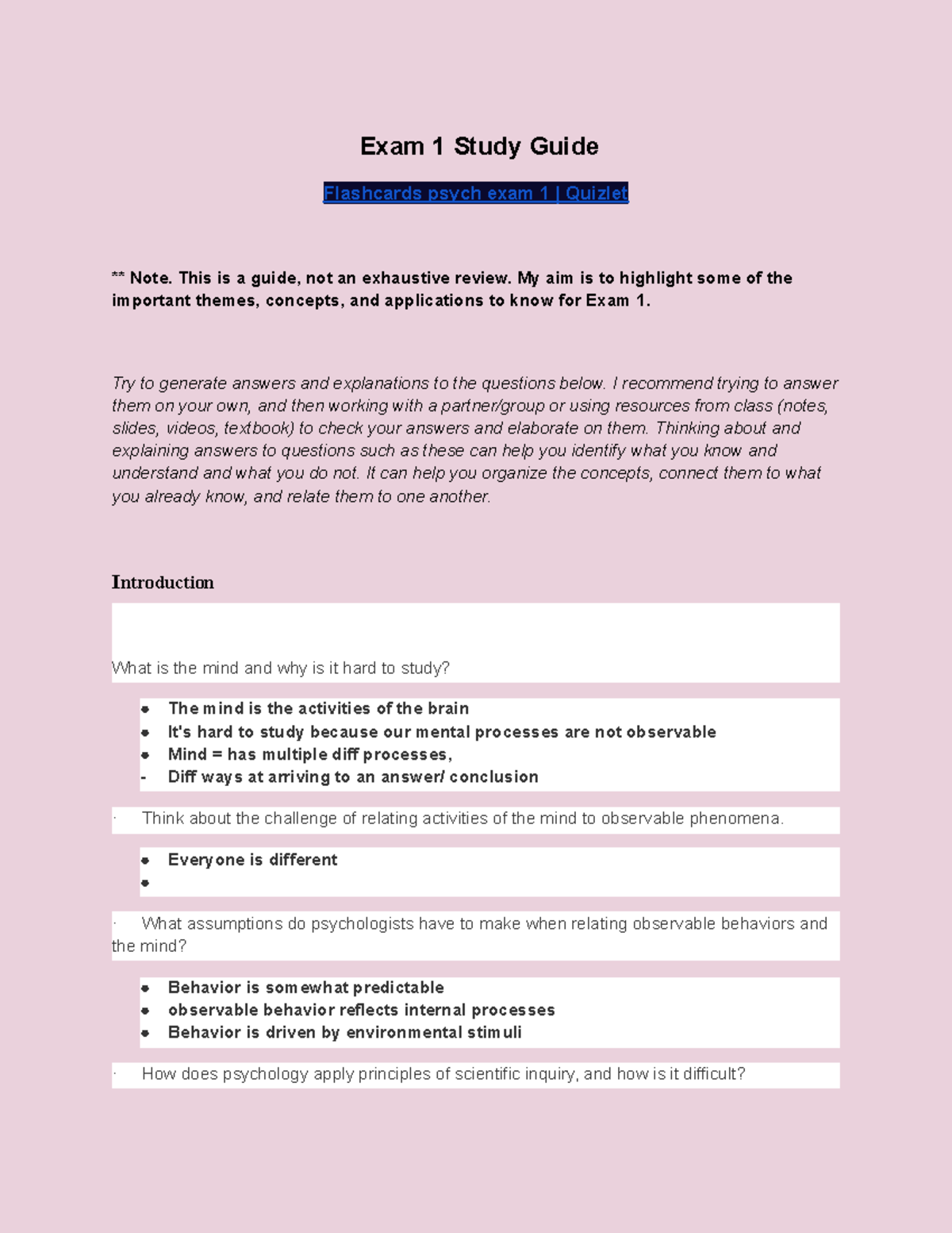 Psychology 101: Exam 1 Study Guide on Key Concepts & Research Methods - Studocu