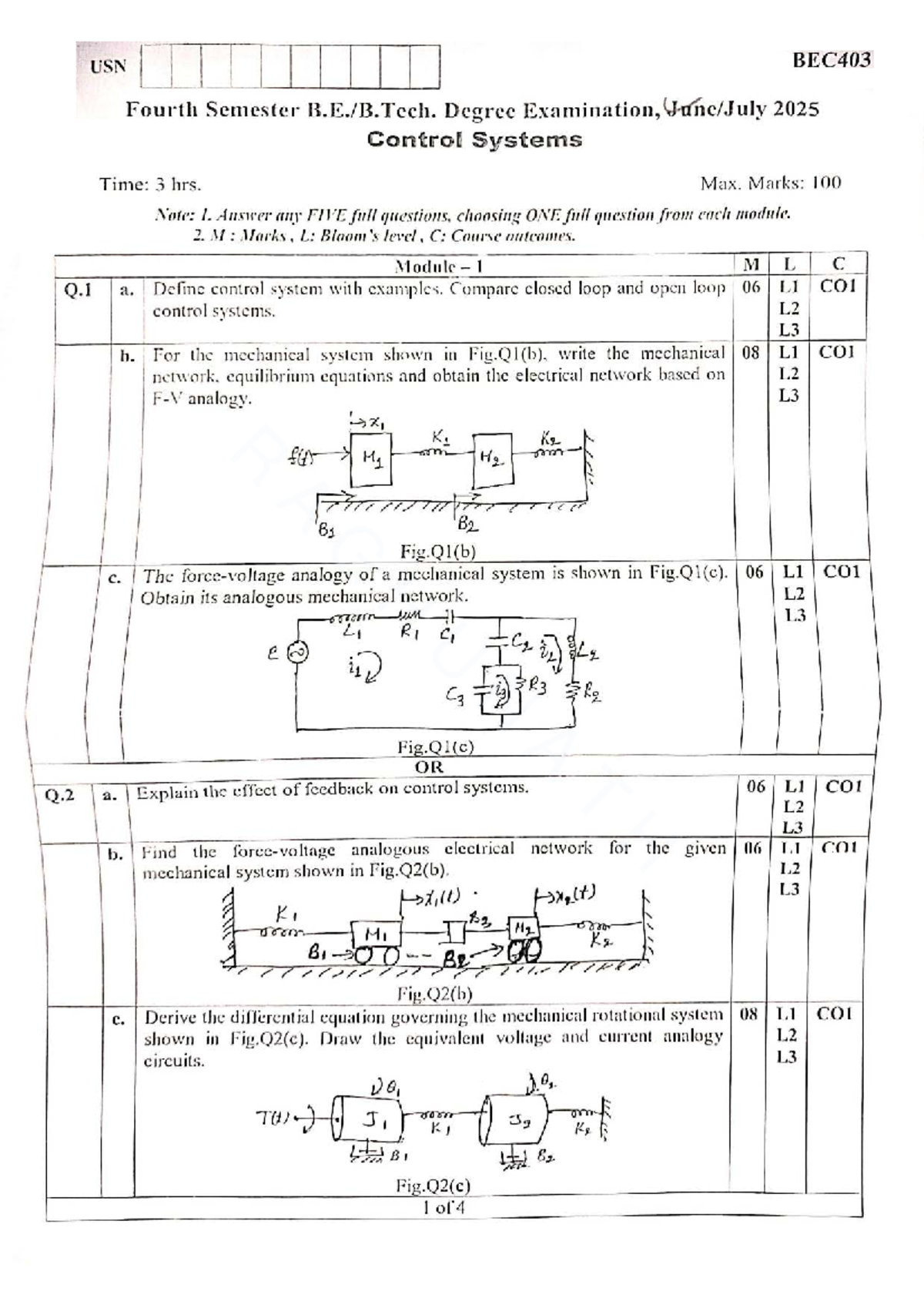 BEC403 Control Systems Vtu Question Paper June/July 2025 - Control ...