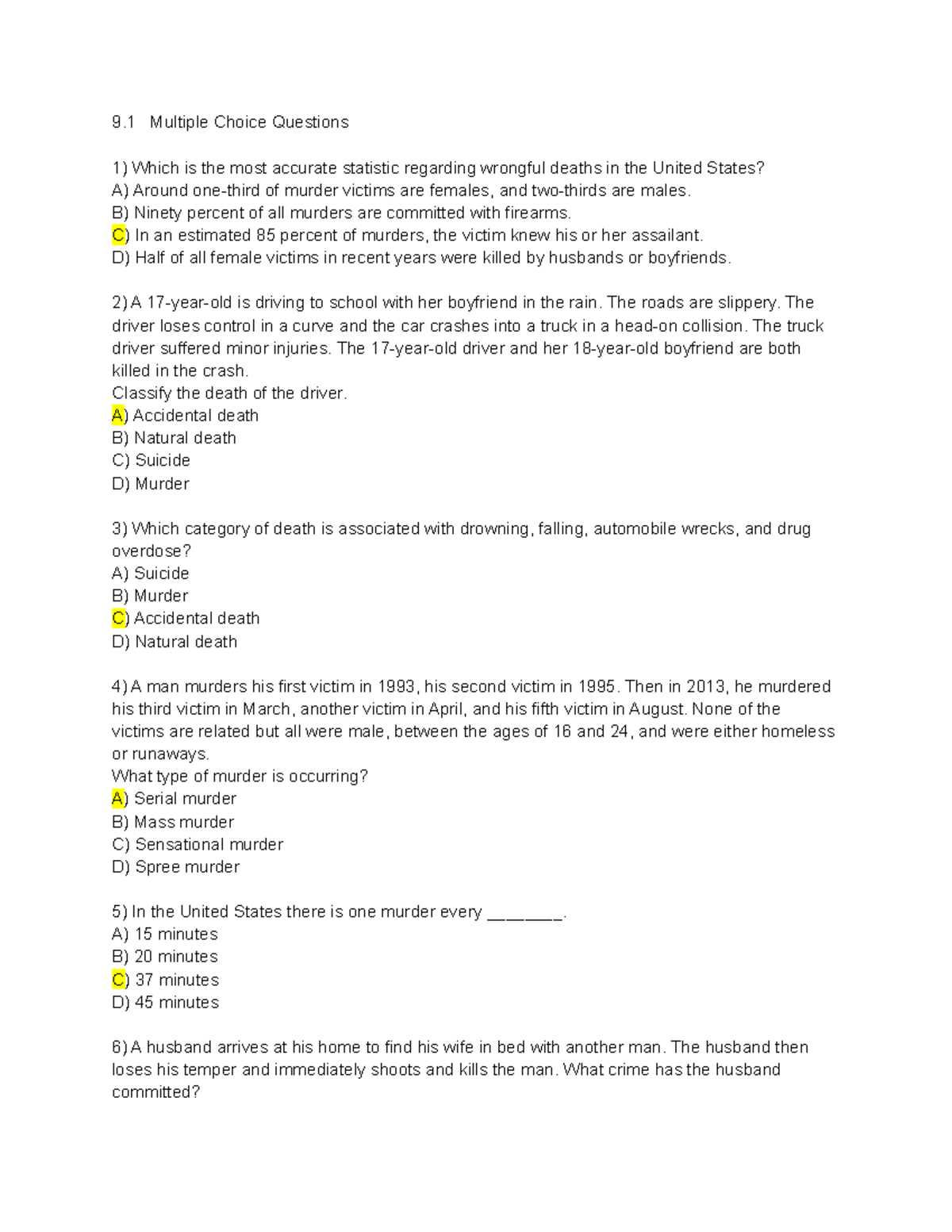 Chapter 9: Multiple Choice Questions on Homicide and Death ...