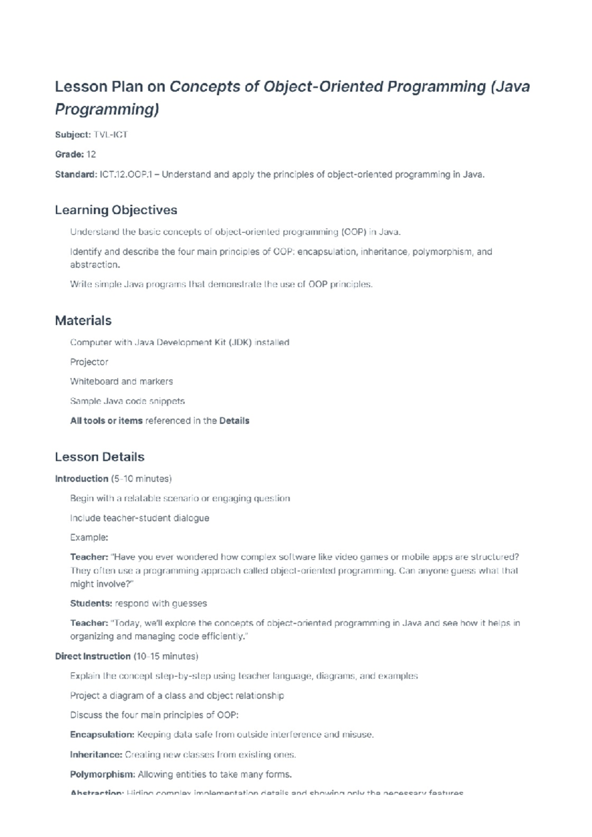 Lesson Plan on OOP Concepts in Java - TVL-ICT Grade 12 - Studocu