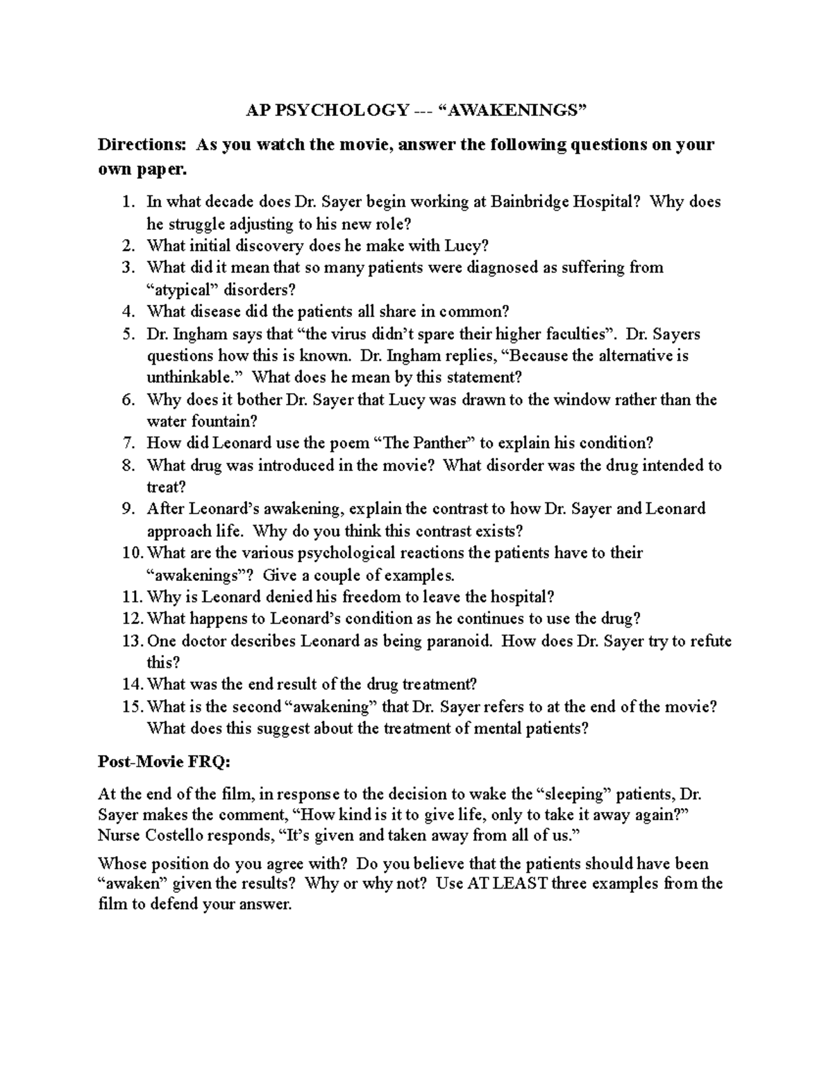 AP PSYCH - Movie Analysis: "Awakenings" Questions & Insights - Studocu