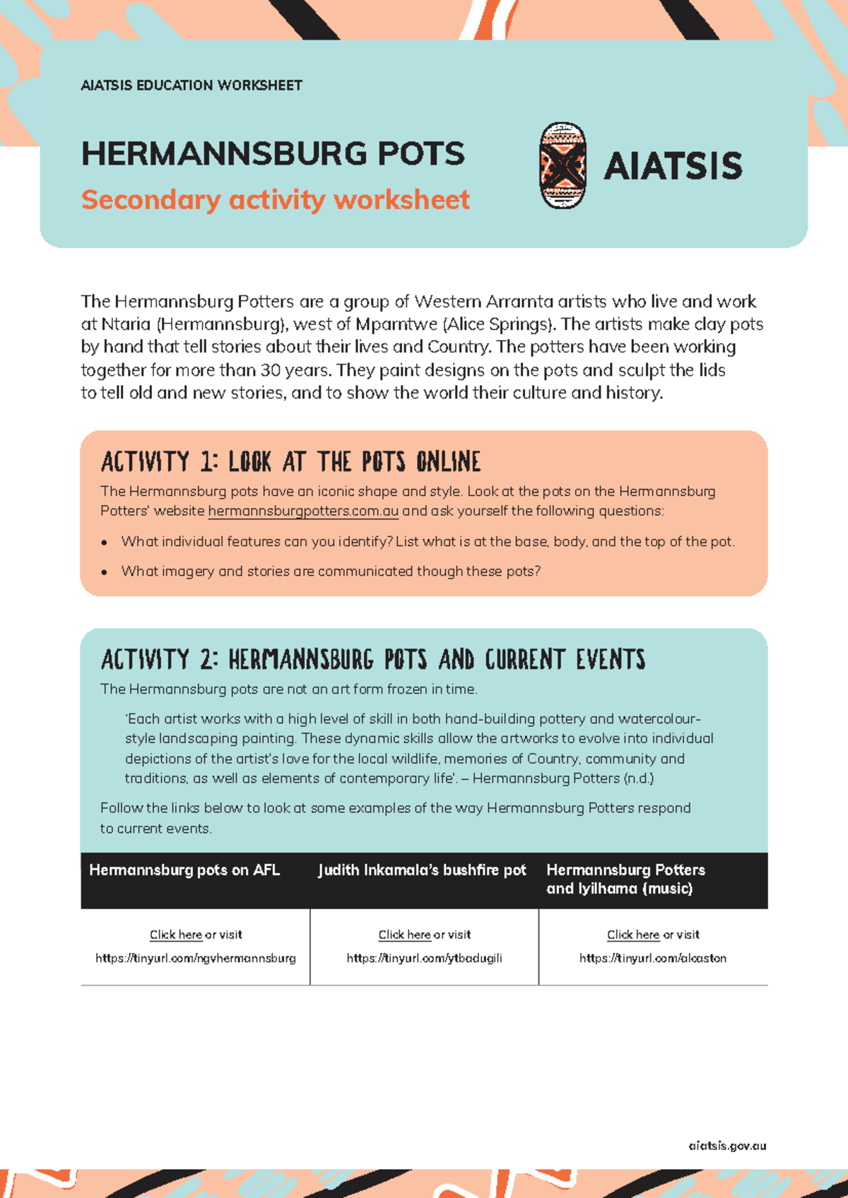 AIATSIS EDUCATION: Hermannsburg Pots Activity Worksheet - Studocu