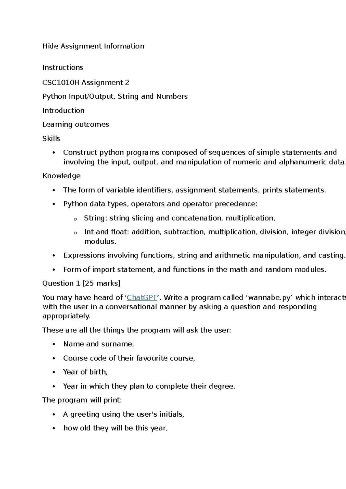 CSC1010H Assignment 2: Python Strings & Numbers Tasks - Studocu
