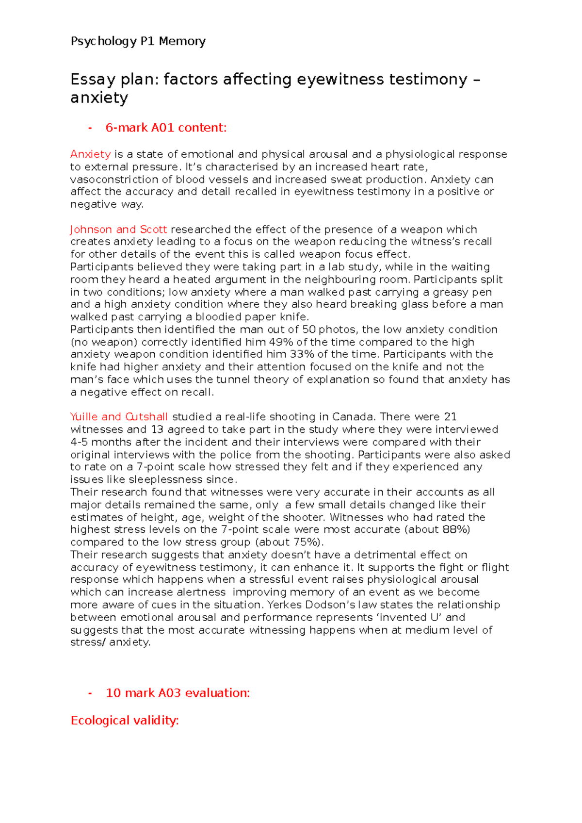 Psychology P1: Memory Essay Plan on EWT & Anxiety Factors - Studocu