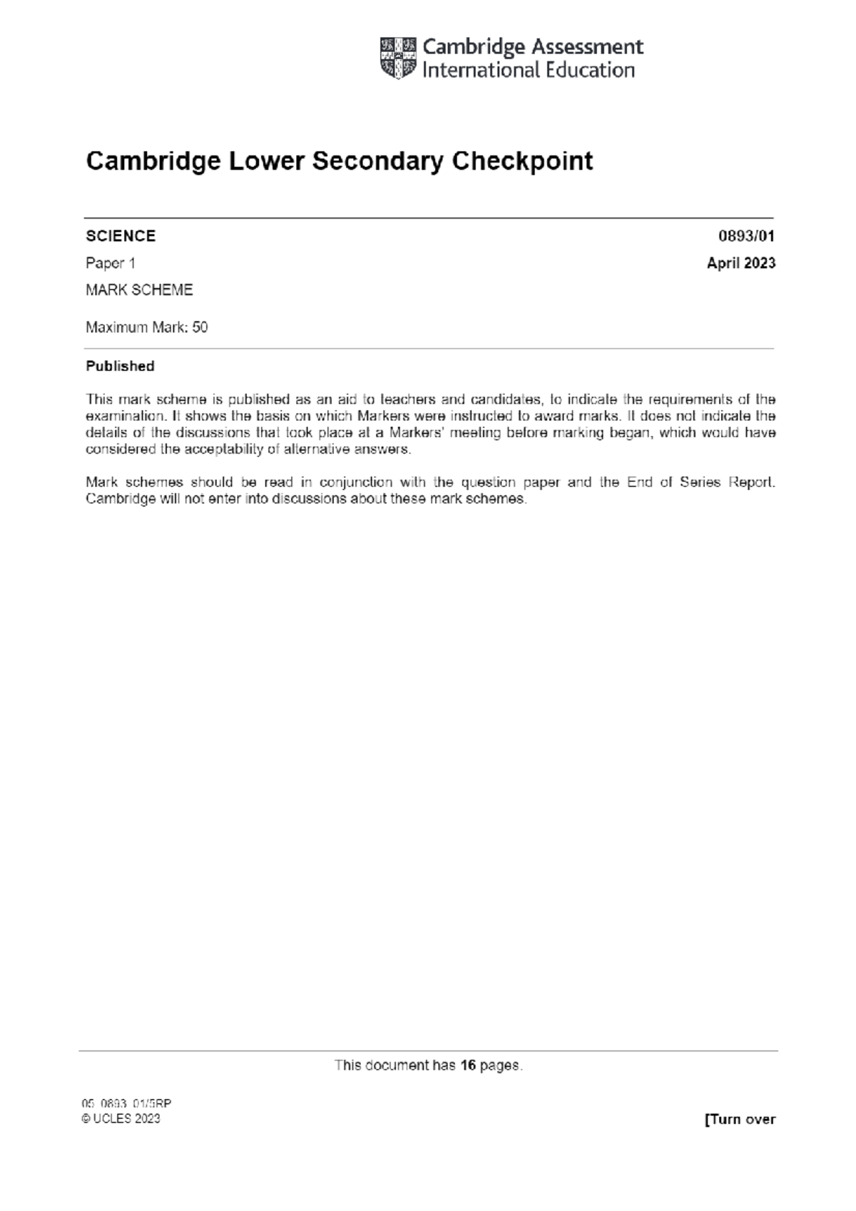 Checkpoint Science Paper 1 Marking Scheme (Max Mark: 50) - April 2023 ...