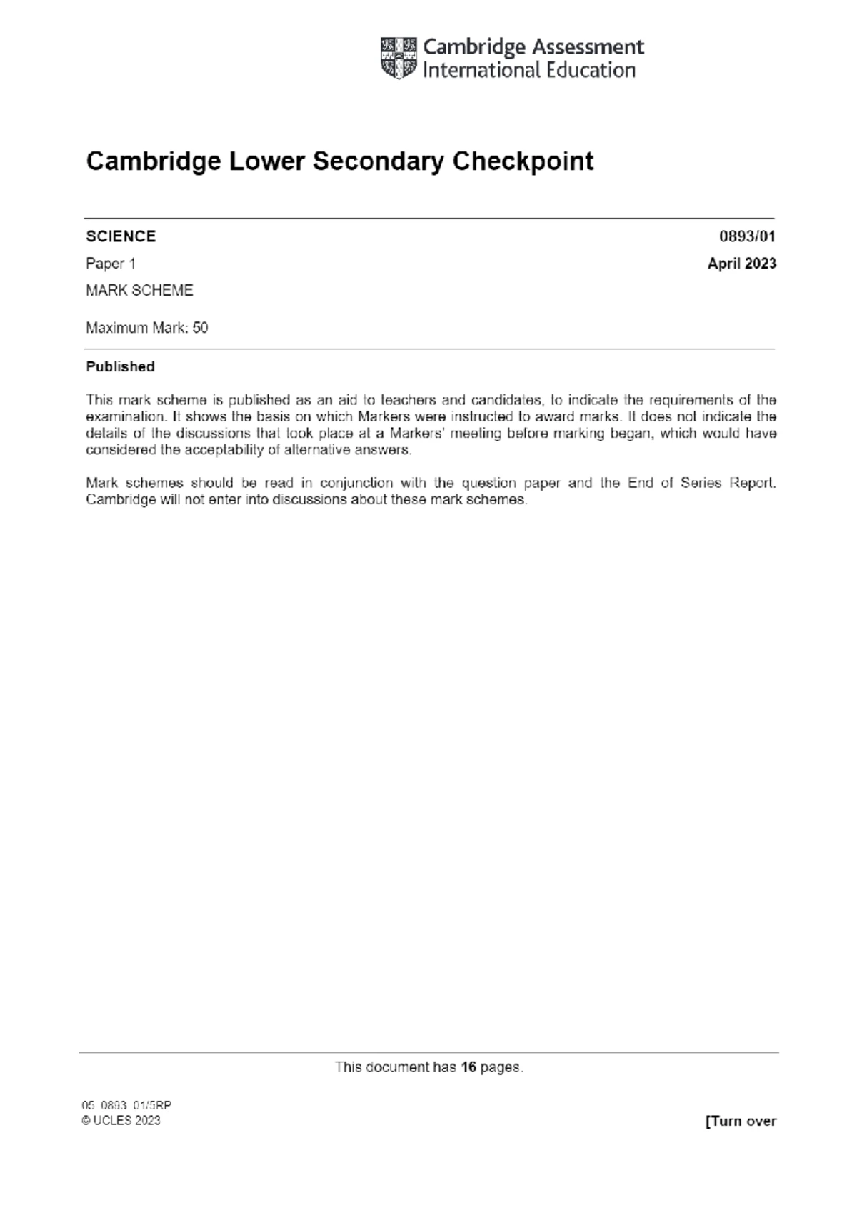 Cambridge Lower Secondary Science Checkpoint Paper 1 - April 2024 - Studocu