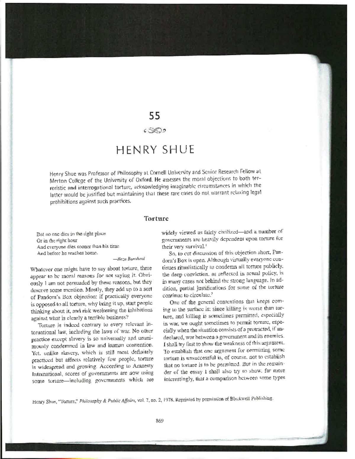Henry Shue on Torture: Moral Arguments and Legal Implications (PHIL 101 ...