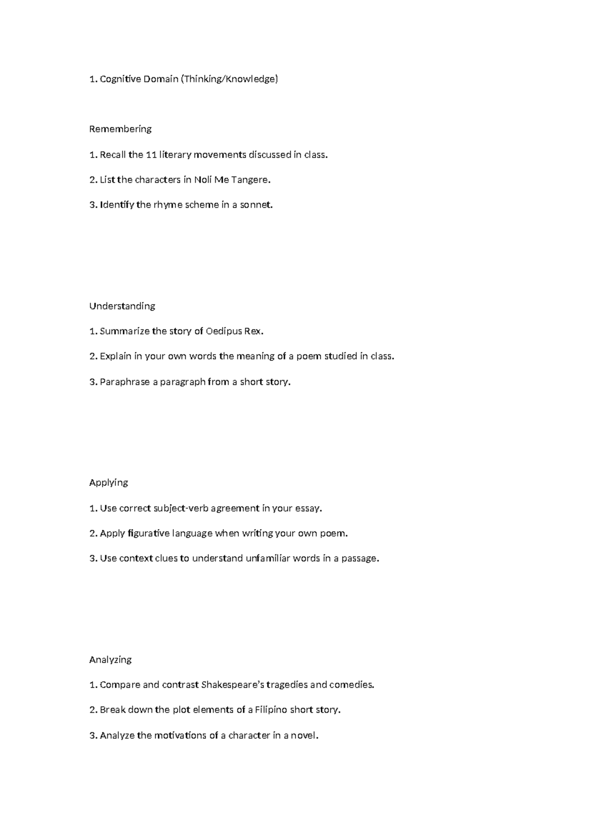 Revised Bloom's Taxonomy Examples by Level for Literature Studies - Studocu