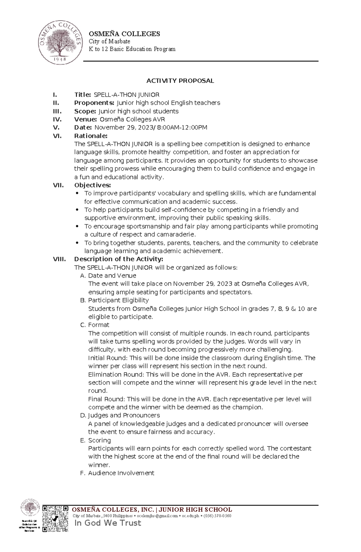 Spelling-bee-proposal - Code to viewScan this QR other Programs & Services OSMEÑA COLLEGES City ...