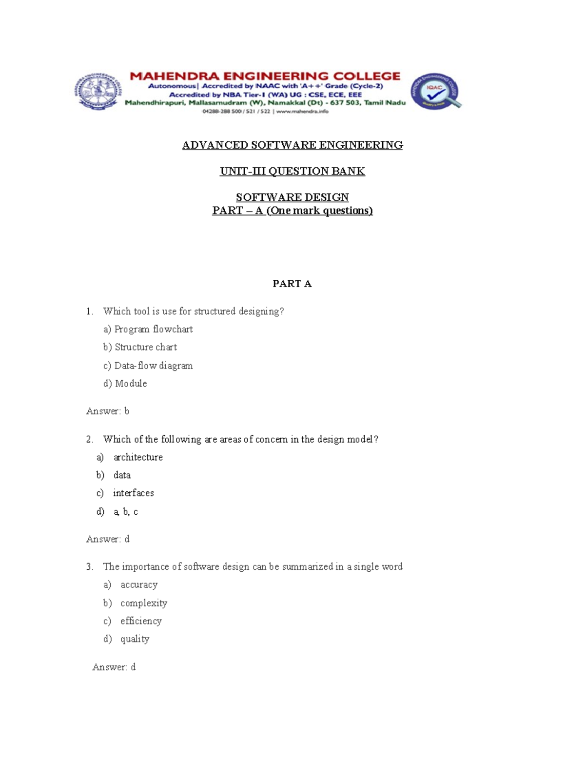 ASE III Unit-III QB: Software Design Key Concepts and Questions - Studocu