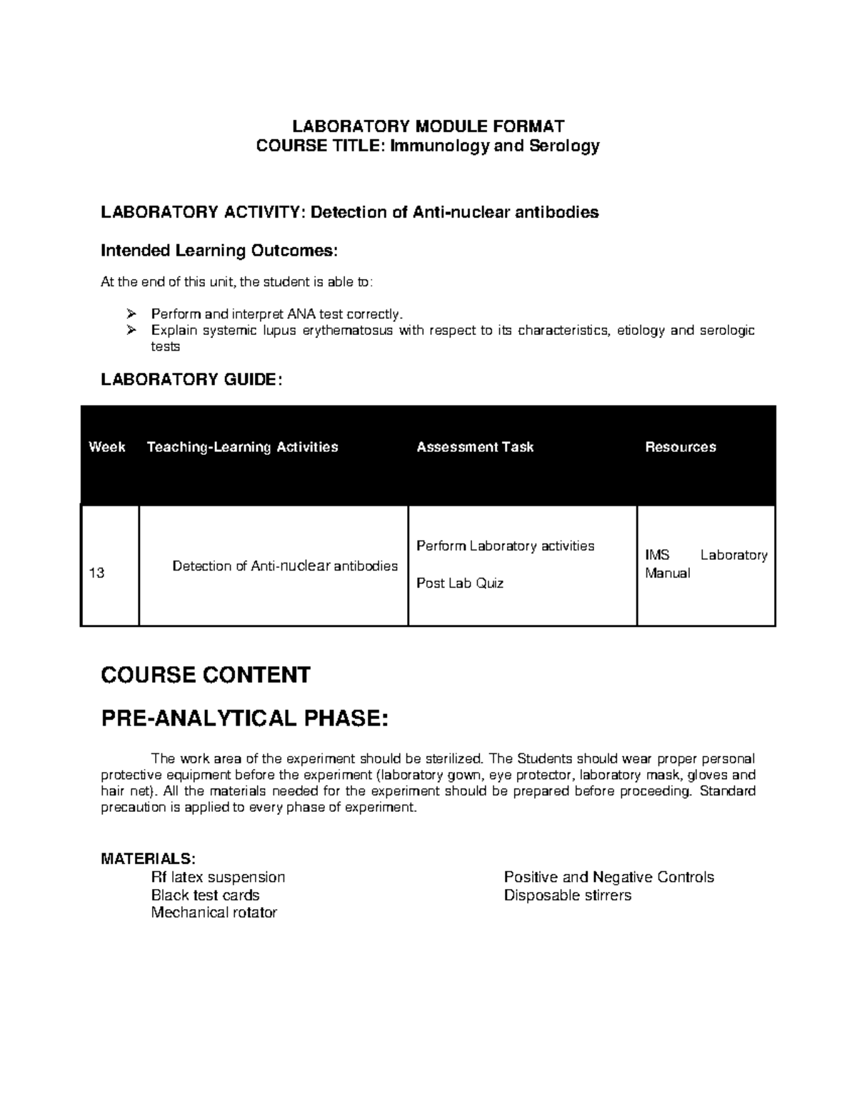 ANA Detection TEST Study Module - LABORATORY MODULE FORMAT COURSE TITLE ...