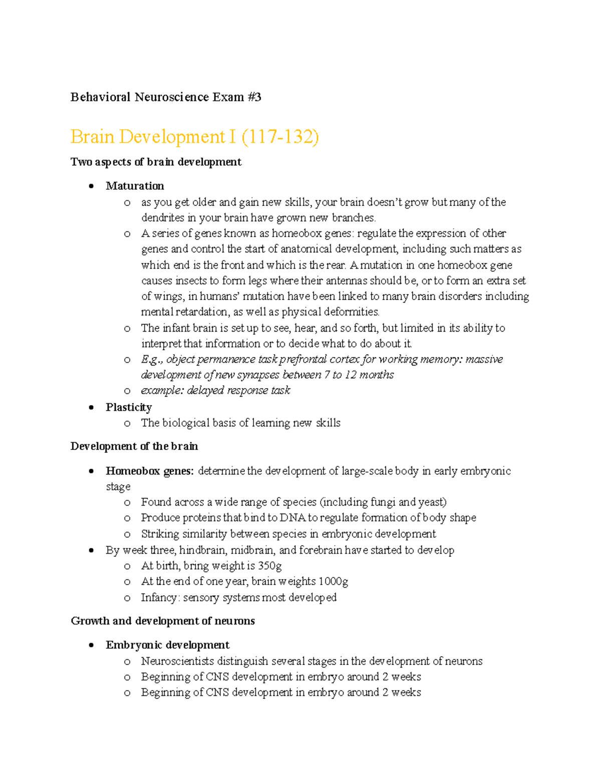 Behavioral Neuroscience Exam 3: Brain Development Insights - Studocu