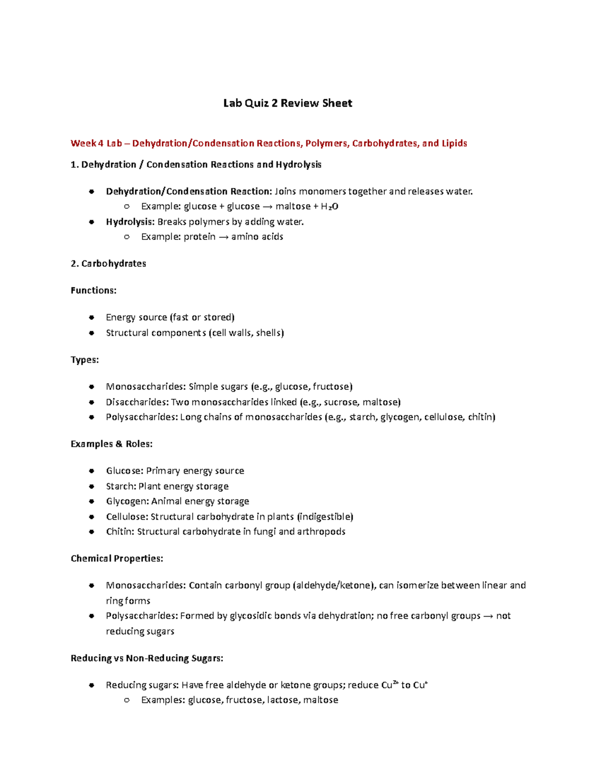 Lab Quiz 2 Review Sheet: Carbohydrates, Lipids, Proteins & DNA ...