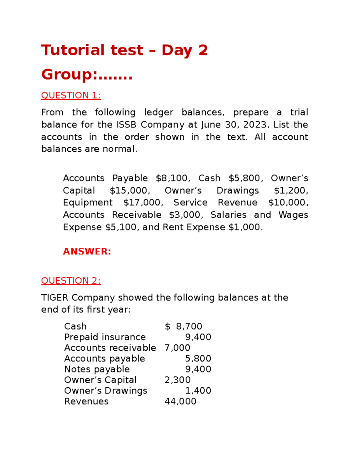 Tutorial Test Day 2: Trial Balance & Journal Entries for ISSB and TIGER ...