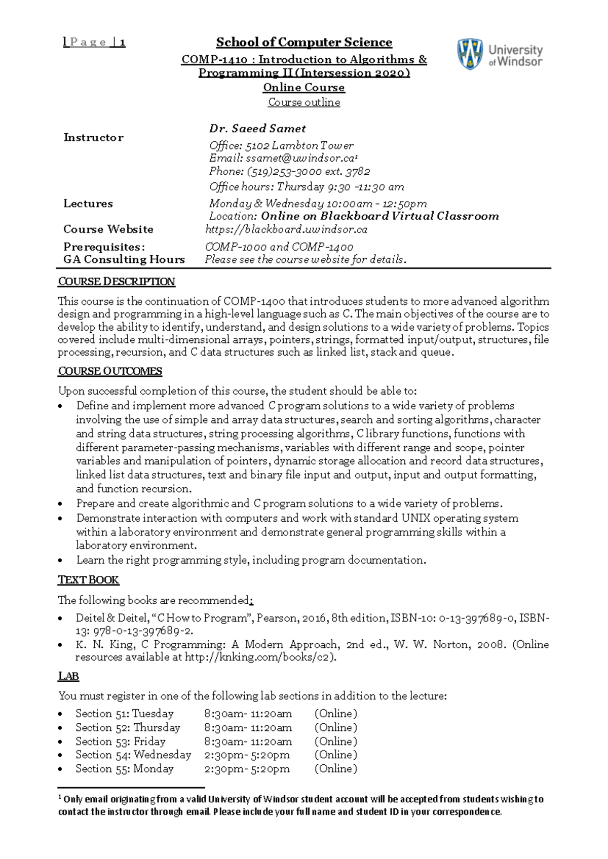 COMP1410-S2020: Course Outline for Introduction to Algorithms II - Studocu