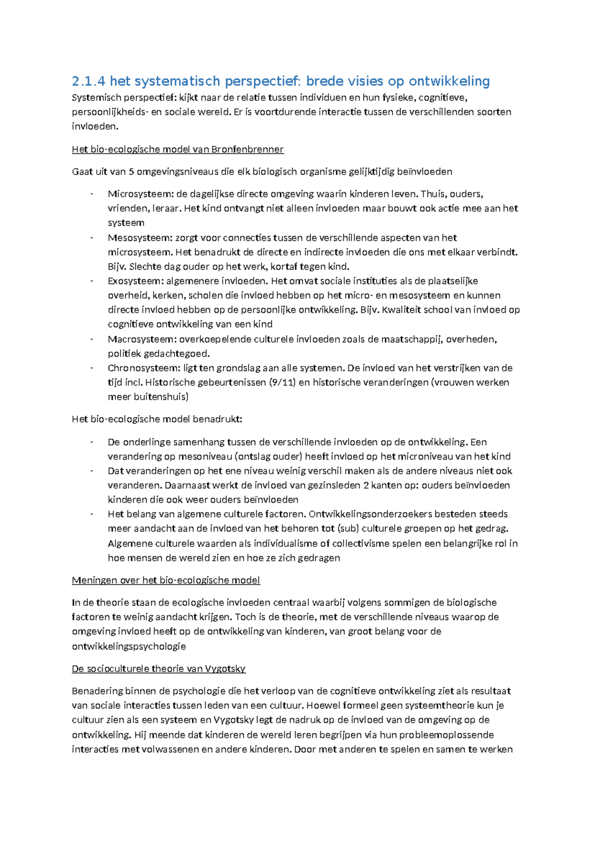Ontwikkelingspsychologie Samenvatting: Systemisch en Bio-ecologisch ...