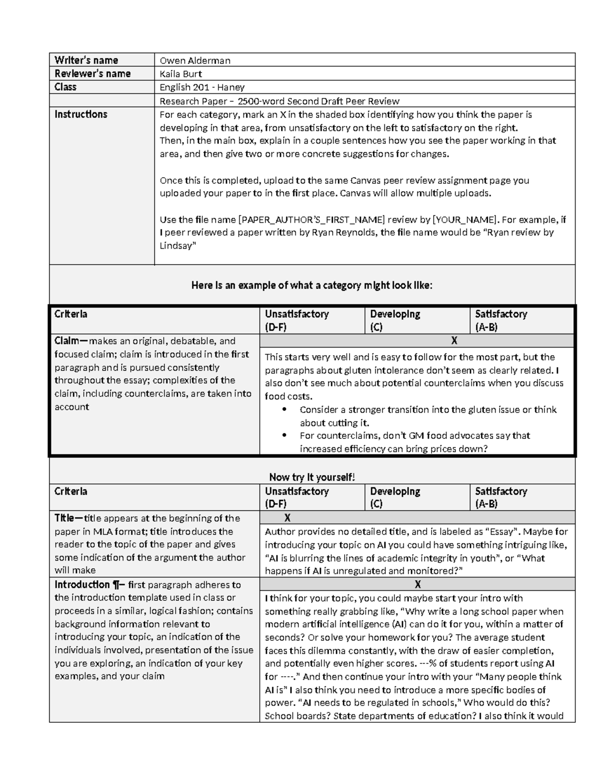 English 201 Research Paper Peer Review by Kaila Burt - Studocu