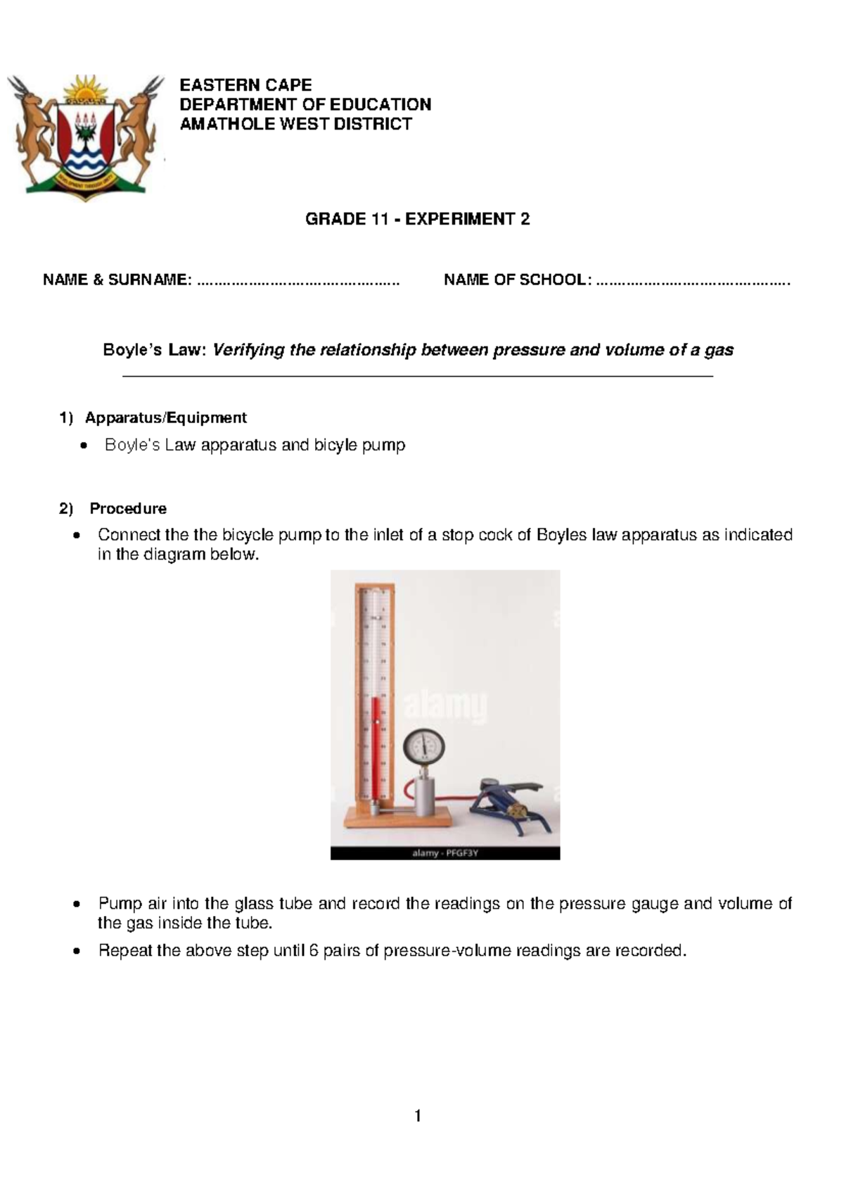 Boyle's Law Experiment - Grade 11 Science Study Material - Studocu
