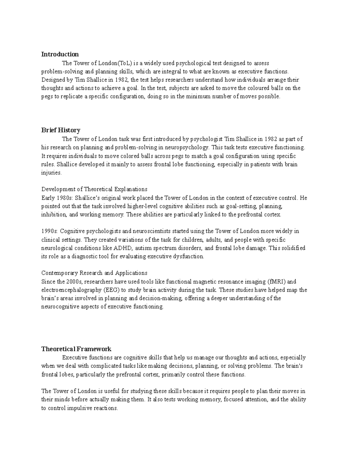 Tower of London (ToL) Test: Executive Function Assessment Report - Studocu