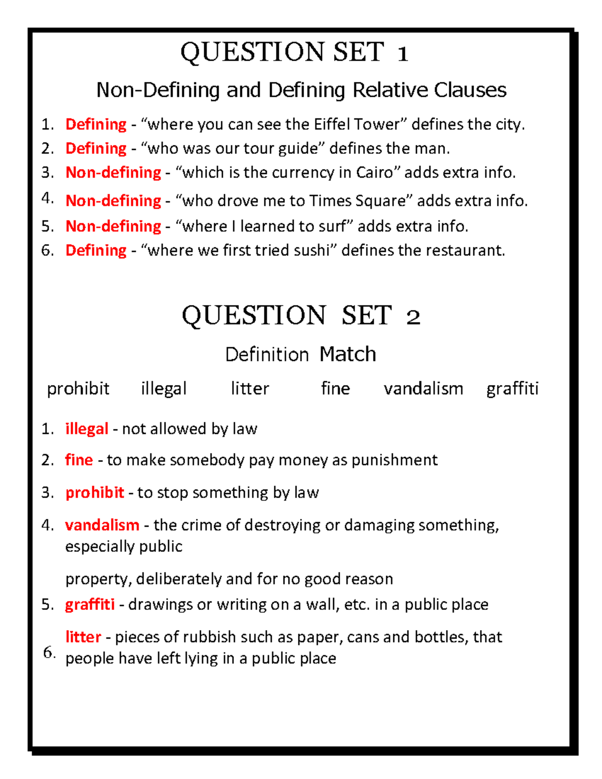 Defining Relative Clauses & Vocabulary: Question Set 1-4 Answer Key ...