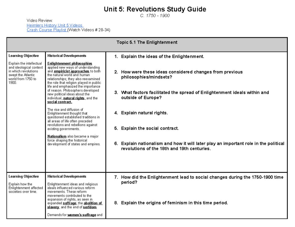 Unit 5 Study Guide: Revolutions & Industrialization (1750-1900) - Studocu