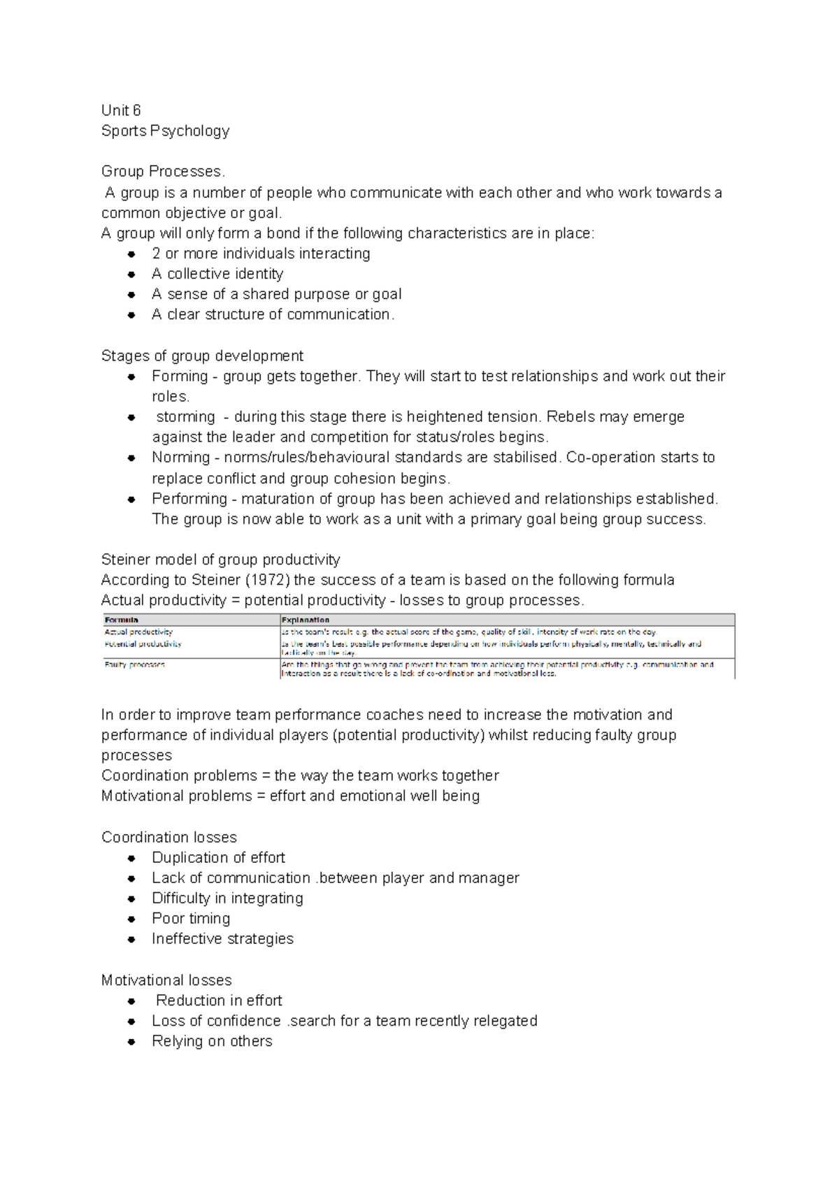 Unit 6: Sports Psychology - Group Processes and Development - Studocu