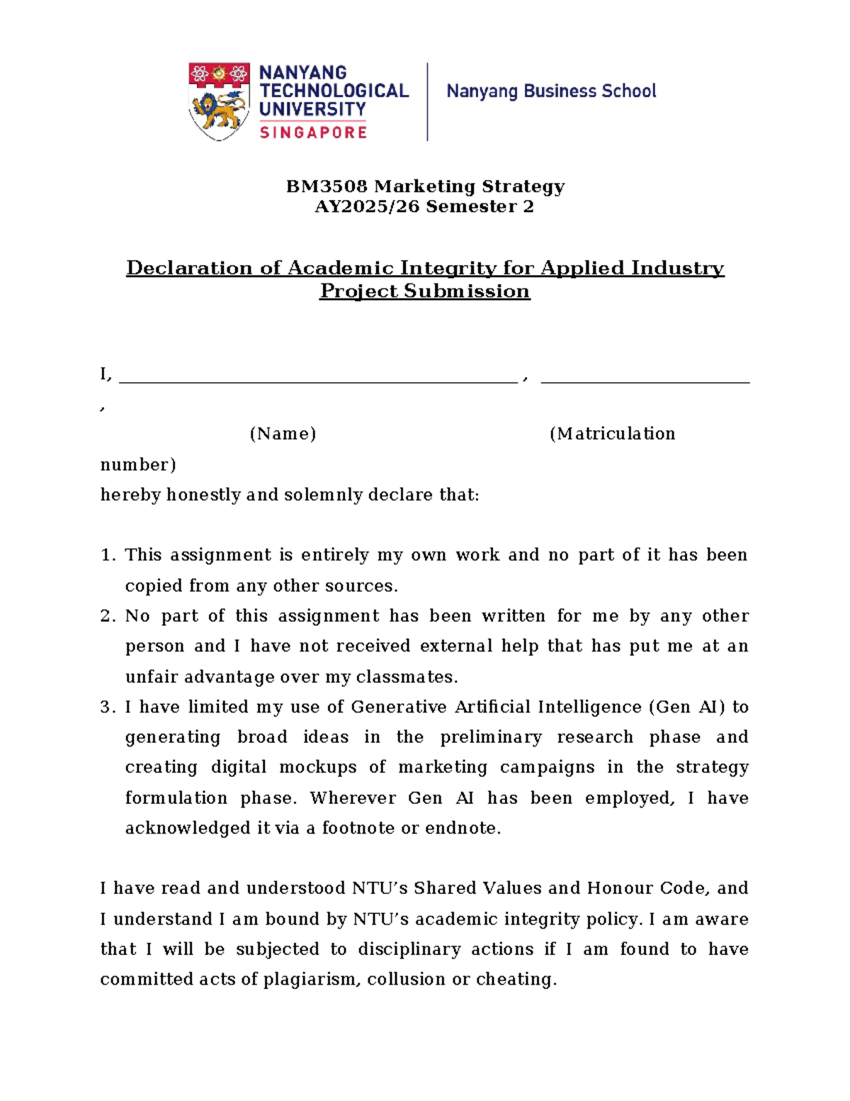 BM3508 Marketing Strategy Academic Integrity Declaration for Project ...