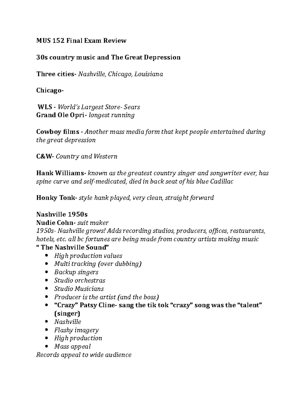 MUS 152 Final Exam Study Guide: Country Music & Its Evolution - Studocu