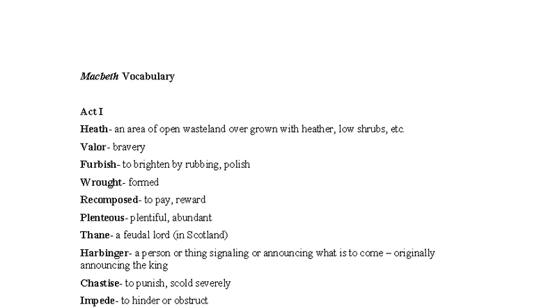 Macbeth Vocabulary Study Guide: Act I & II Terms - Studocu