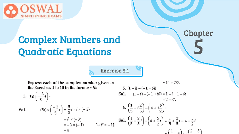 Ncert Solutions for Class 11 Mathematics - Chapter 4: Complex Numbers & - Studocu