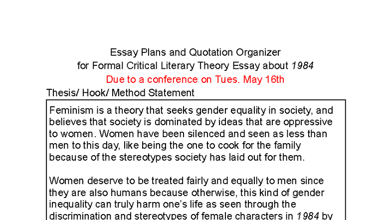 Essay Plans & Quotation Organizer for Critical Lit Theory (ENG 101 ...
