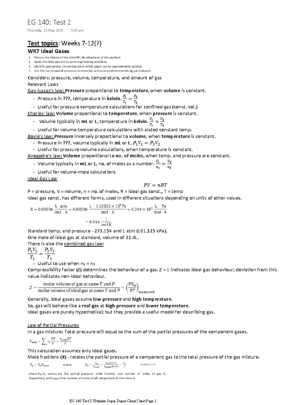 EG 140: Test 2 Ultimate Cheat Sheet on Ideal Gases and Energy Concepts ...