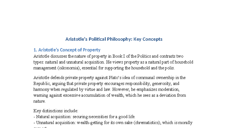 Aristotle's Political Thought: Key Concepts in Philosophy - Studocu