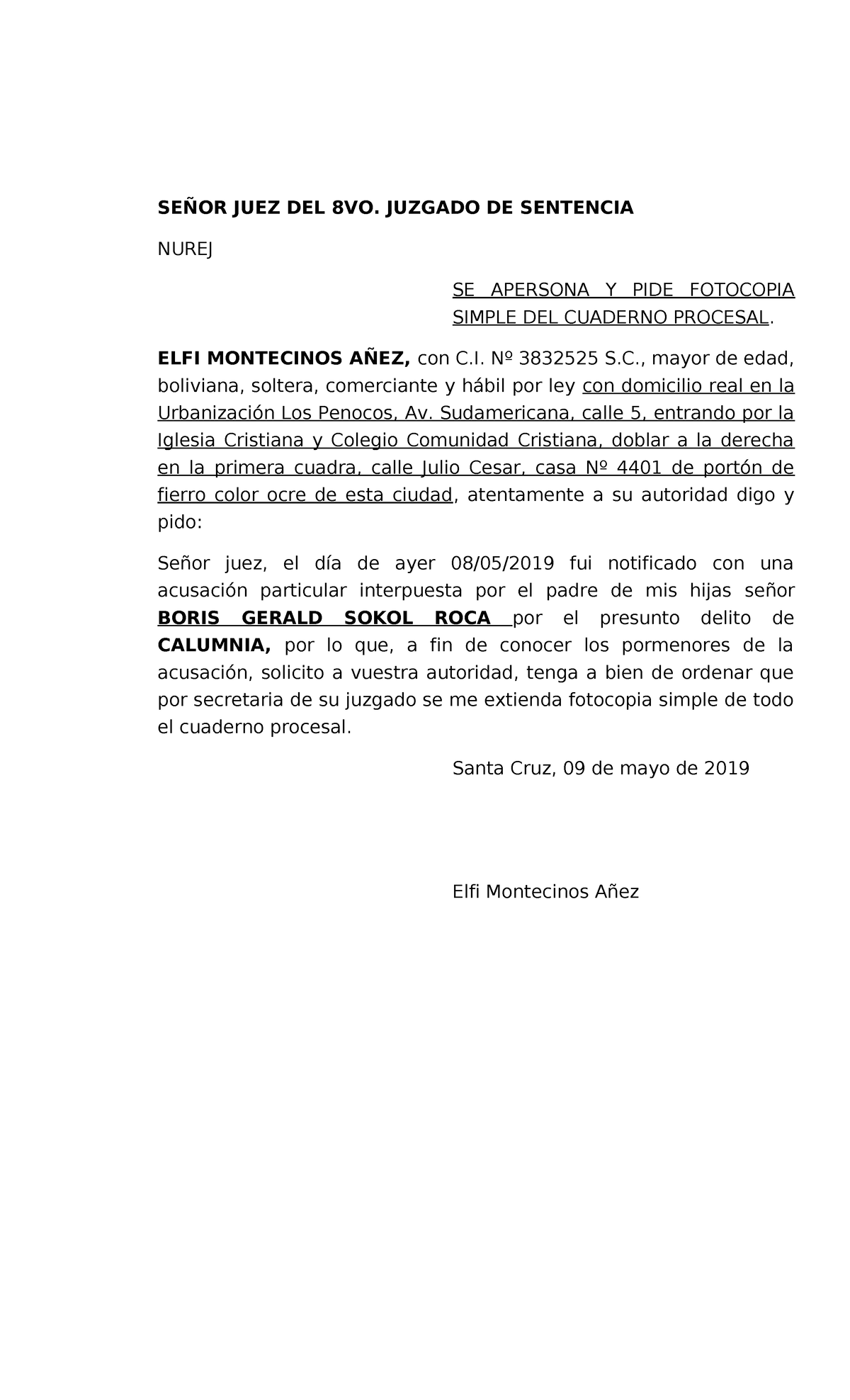 Solicitud de Fotocopia Simple del Cuaderno Procesal - C.I. 3832525 S.C ...