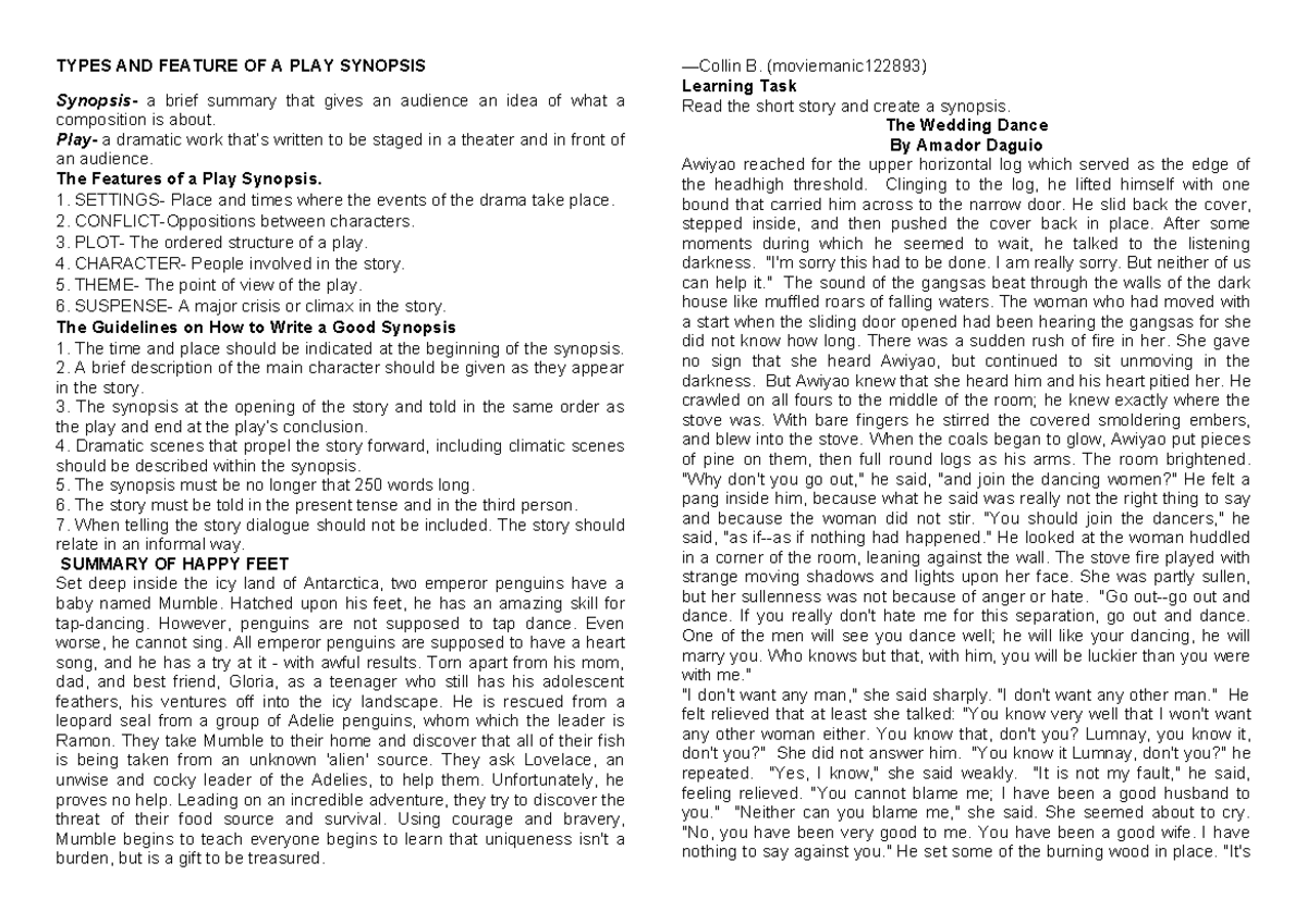 Types and Features of a Play: Writing a Synopsis Guide - Studocu