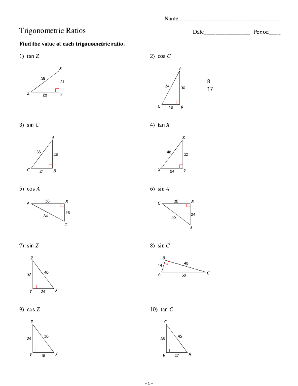 Math 102 - Trigonometric Ratios Worksheet and Solutions - Studocu