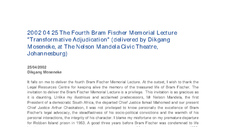 The Fourth Bram Fischer Memorial Lecture Transformative Adjudication ...