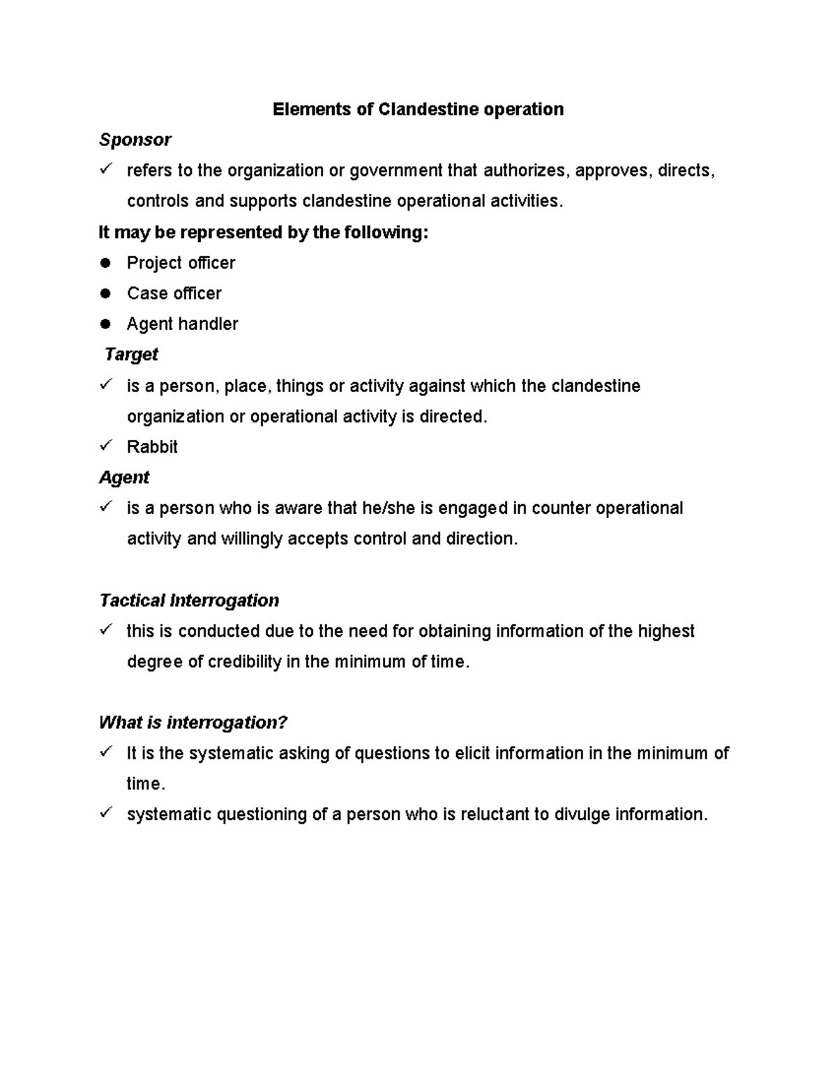 **Elements of Clandestine Operations: A Comprehensive Overview** - Studocu