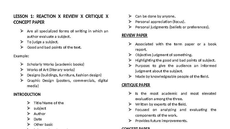 EAPP 101: Lesson on Reaction, Review, Critique, and Concept Papers ...